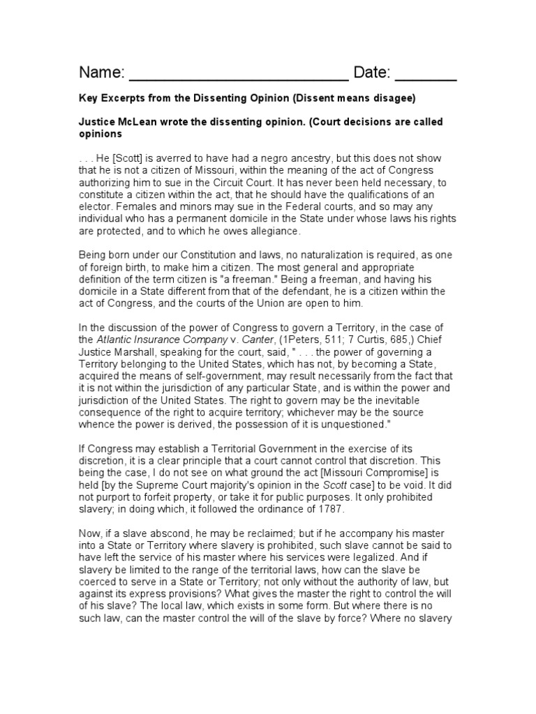 Dred Scott Worksheet | PDF | U.S. State | Citizenship