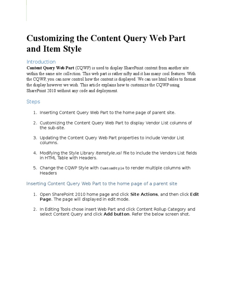 Customizing The Content Query Web Part and Item Style | PDF | Share Point | World Wide Web