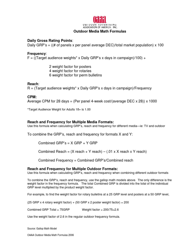 Formulas for Calculating Outdoor Advertising Reach, Frequency, GRPs and ...