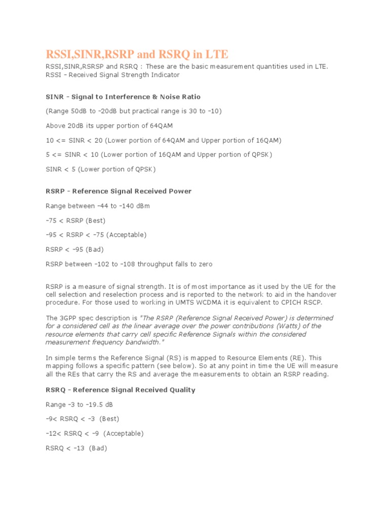 LTE Signal Metrics: RSSI, SINR, RSRP, RSRQ | PDF | Bandwidth (Signal Processing) | Decibel