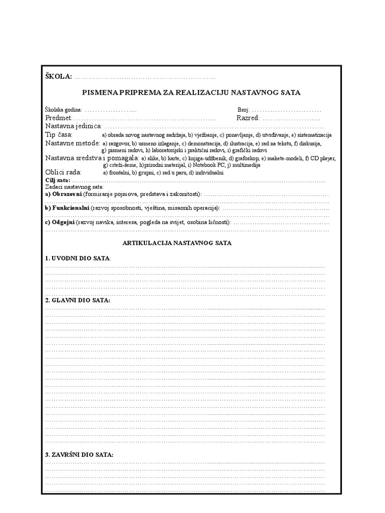 Obrazac Pripreme Za Čas | PDF