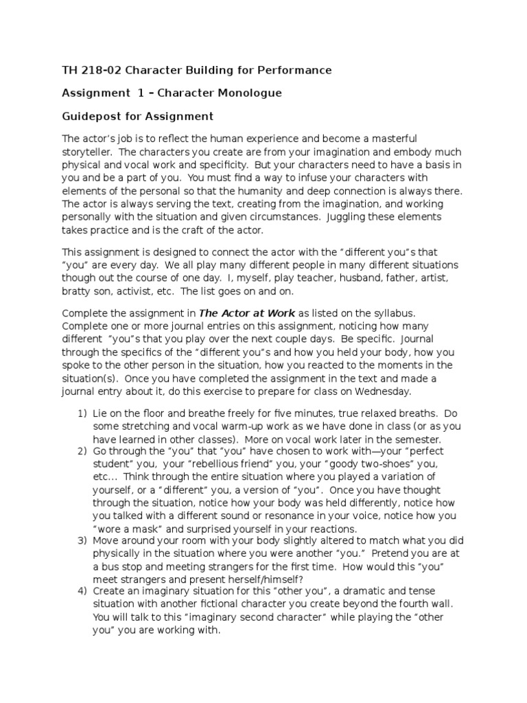 TH 218-02 Character Building For Performance Assignment 1 - Character ...