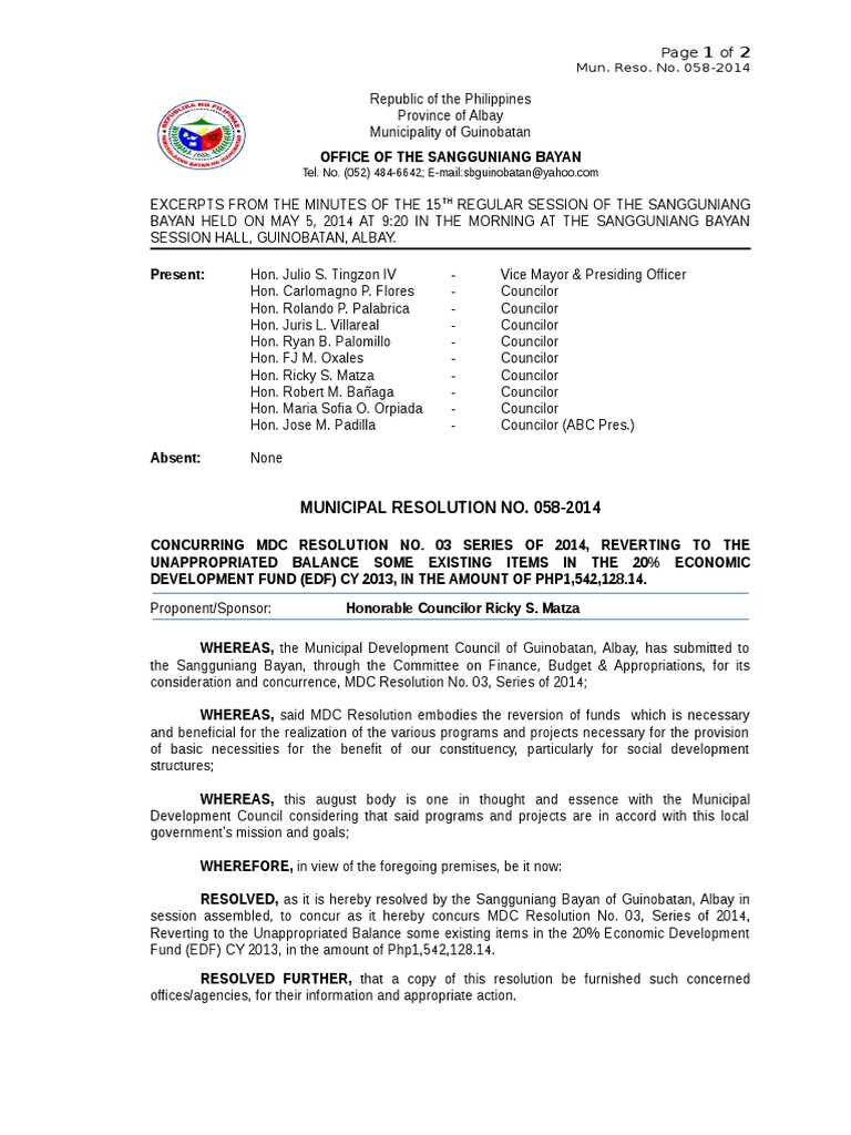 058-2014 Concurrence of MDC Resolution For Reversion | PDF | Government