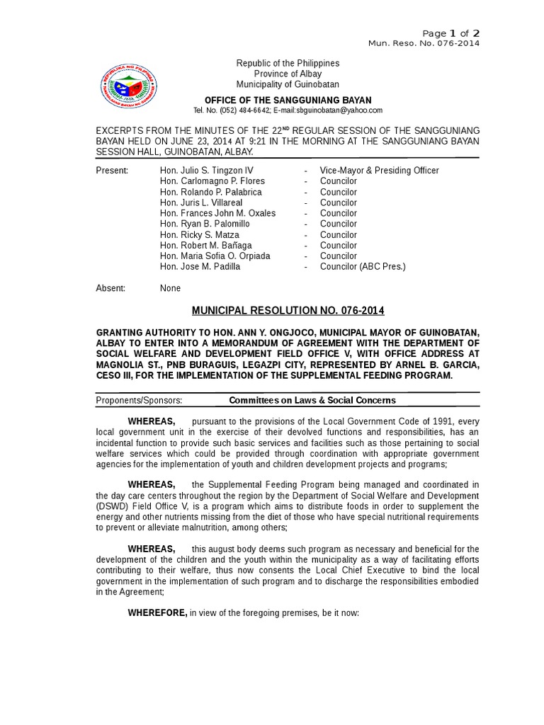076-2014 MOA - DSWD - Supplemental Feeding Program | PDF