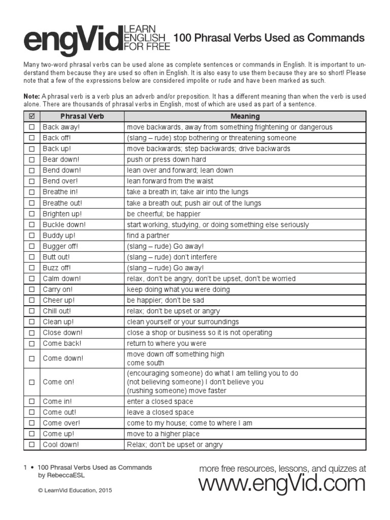 100 Phrasal Verbs Used As Commands | PDF | Phrase | Linguistics