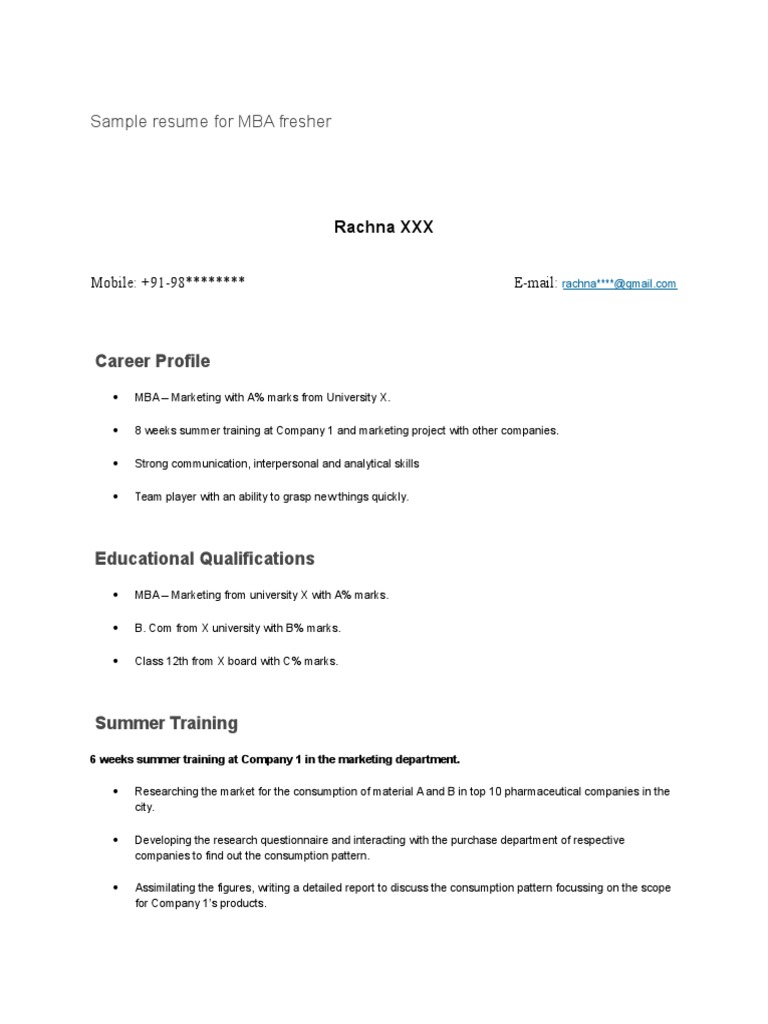 MBA Fresher Resume Sample | PDF