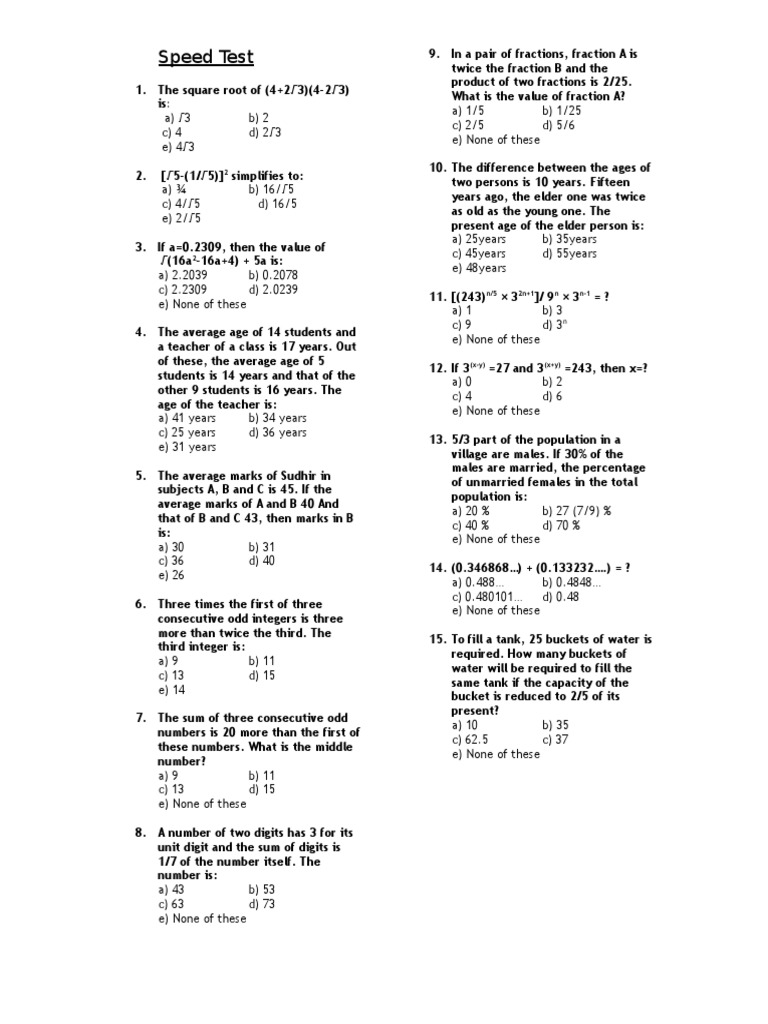 Maths Speed Test | PDF | Fraction (Mathematics) | Elementary Mathematics