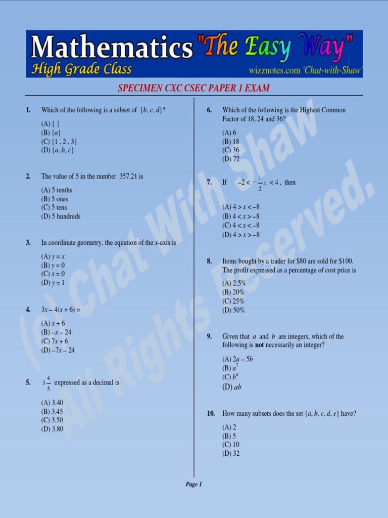 CXCCSECMaths Specimen Paper 1 Exam Questions | PDF | Circle ...