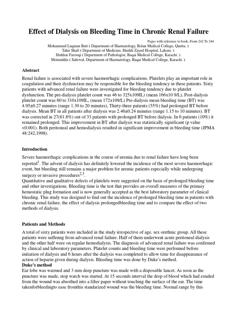 Effect of Dialysis On Bleeding Time in Chronic Renal Failure | PDF ...