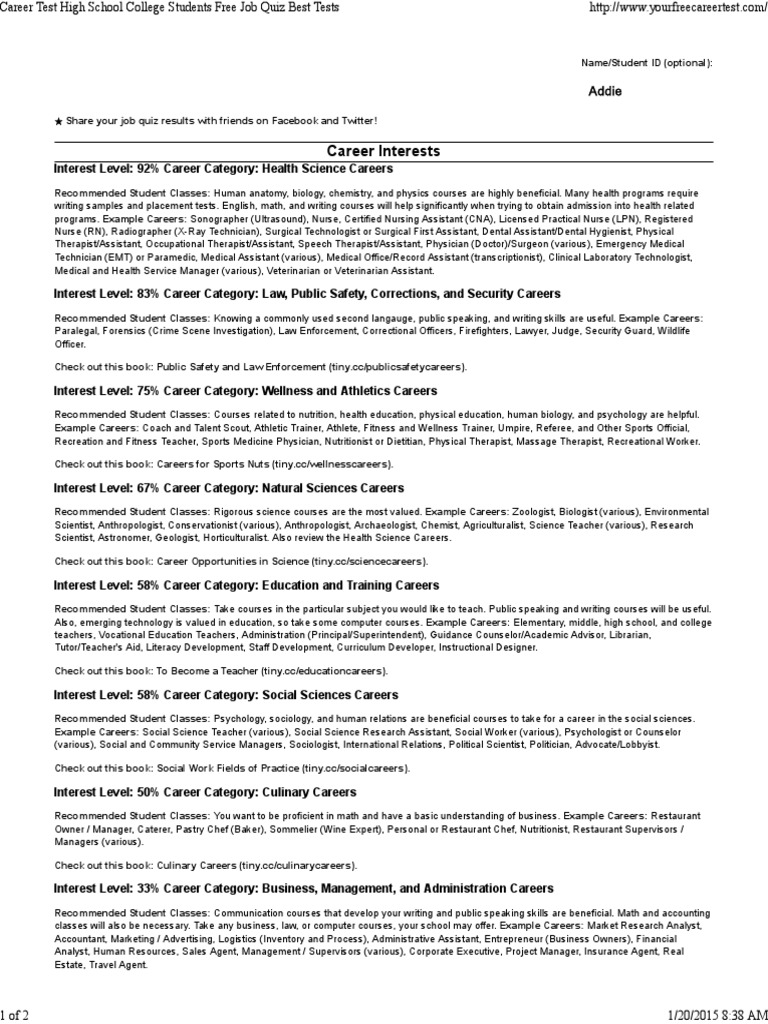 Career Test High School College Students Free Job Quiz Best Tests | PDF ...
