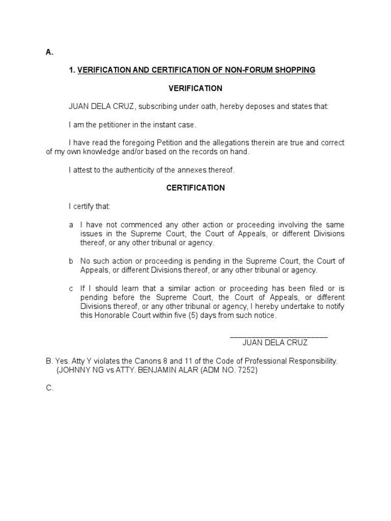 A. 1. Verification and Certification of Non-Forum Shopping Verification ...