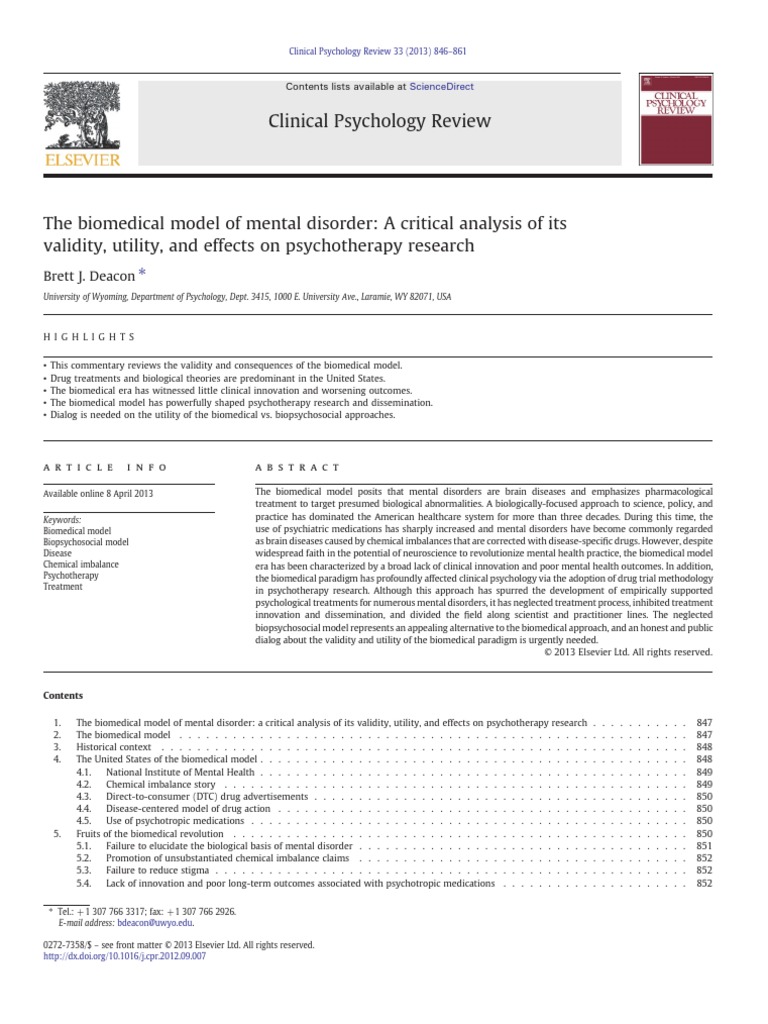 The Biomedical Model of Mental Disorder A Critical Analysis of Its ...