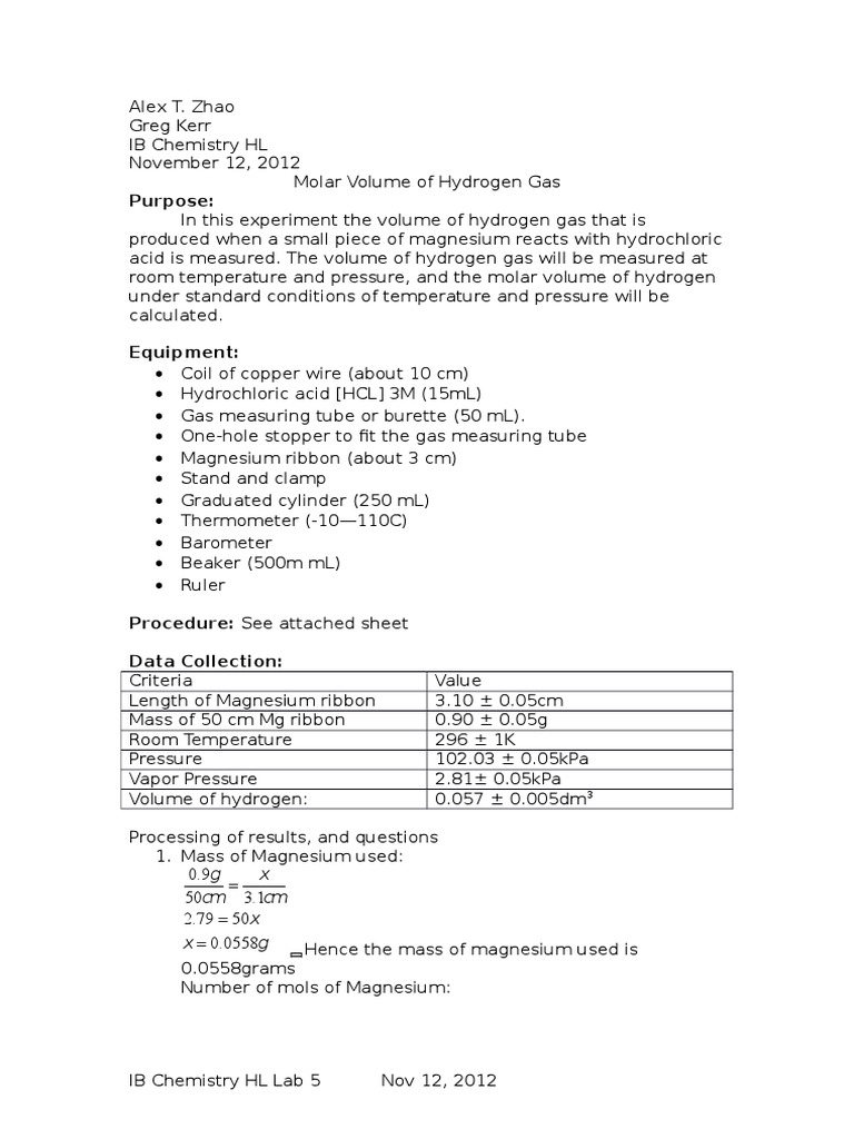 Lab 5 - Molar Volume of Hydrogen Gas | PDF