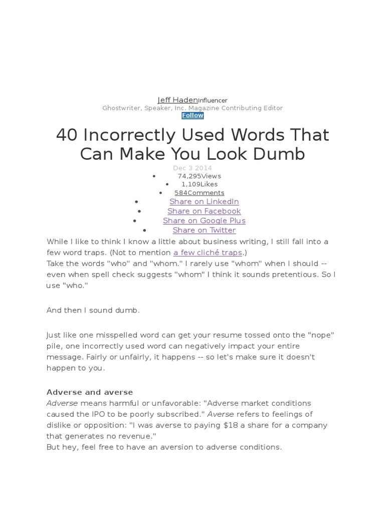 40 Incorrectly Used Words That Can Make You Look Dumb: Jeff Haden | PDF ...