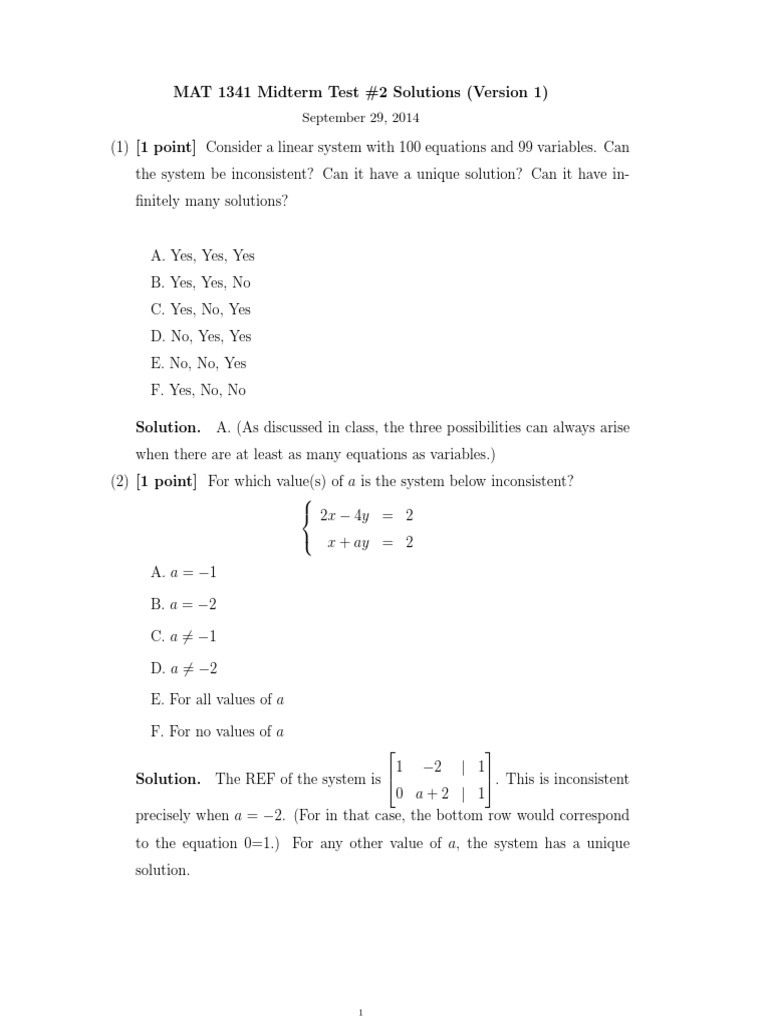 MAT1341 Linear Algebra Midterm 2 | PDF | System Of Linear Equations | Mathematical Objects