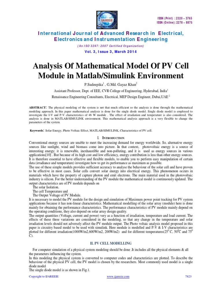 Analysis of Mathematical Model of PV Cell Module in Matlab/Simulink ...