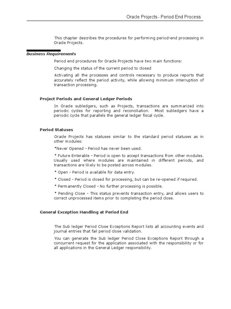 Oracle Projects Period Closing Procedure - PA | PDF | Database Transaction | Inventory