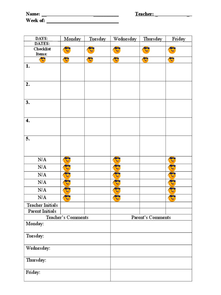 Weekly Teacher-Parent Checklist Template | PDF