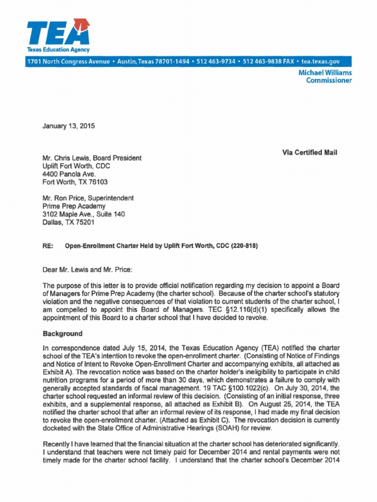 TEA Letter To Prime Prep Academy | PDF | Administrative Law ...