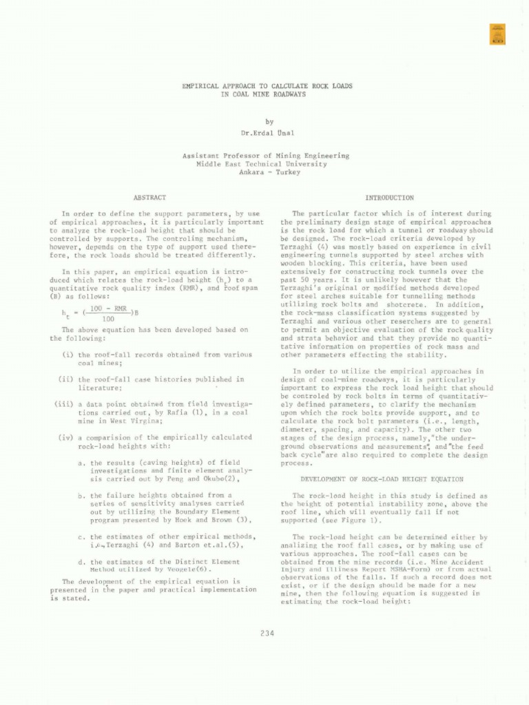 Empirical Approach To Calculate Rock Loads in Coal Mine Roadways | PDF ...