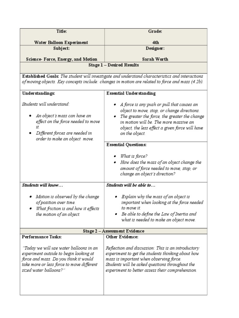 Water Balloon Force Experiment for 4th Grade | PDF | Force | Mass
