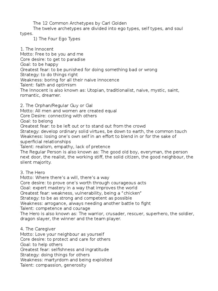 The 12 Common Archetypes by Carl Golden | PDF | Psychology ...