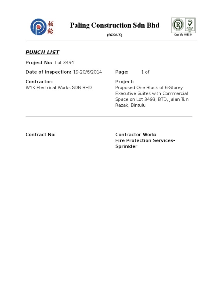 Paling Construction SDN BHD: Punch List | PDF