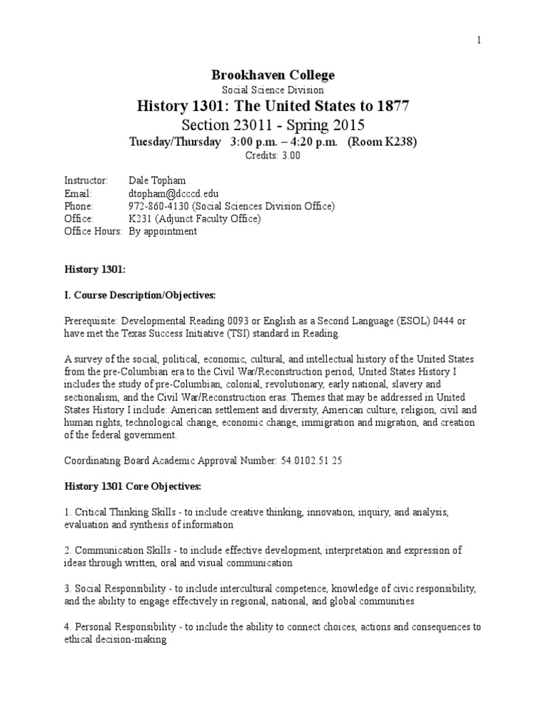 History 1301 Syllabus: US History to 1877 | PDF | Textbook | Test ...