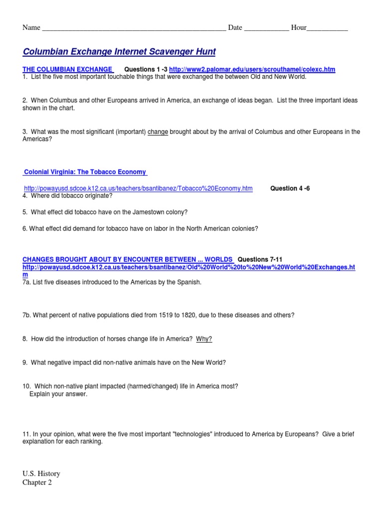 Columbian Exchange Scavenger Hunt | PDF | Introduced Species | New World