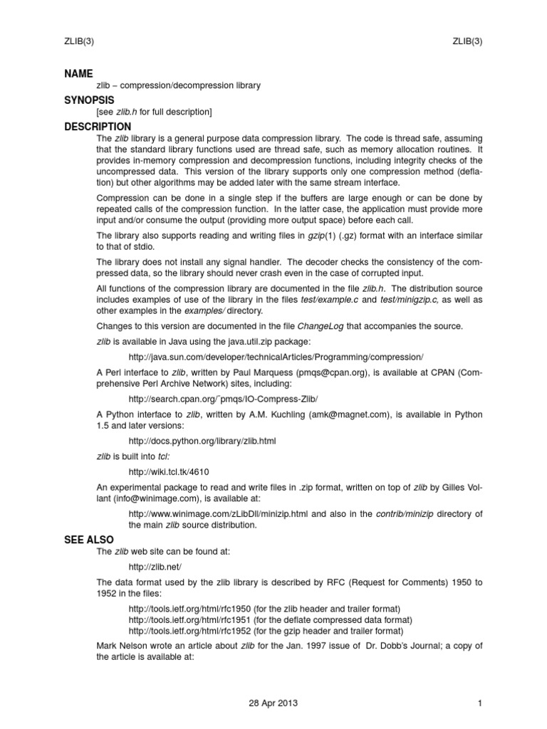 Name Synopsis Description: Zlib Is Available in Java Using The Java ...