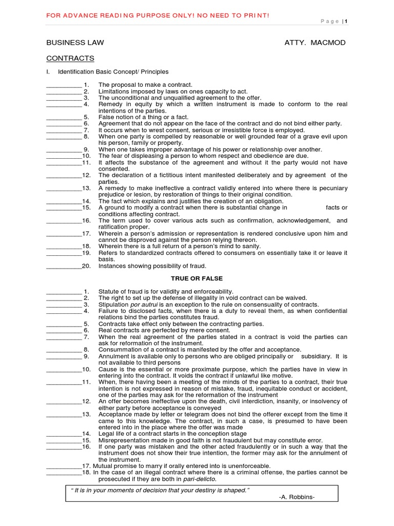 Basic Concepts and Principles of Contract Law | PDF | Annulment | Offer ...
