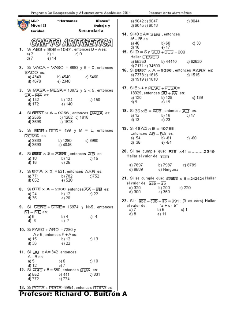 Cripto Aritmetica RM 4to | PDF