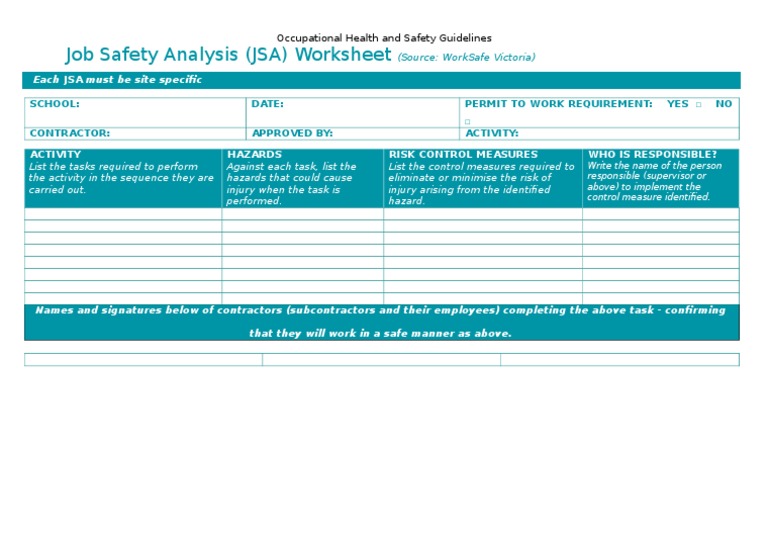 Job Safety Analysis (JSA) Worksheet: Each JSA Must Be Site Specific | PDF