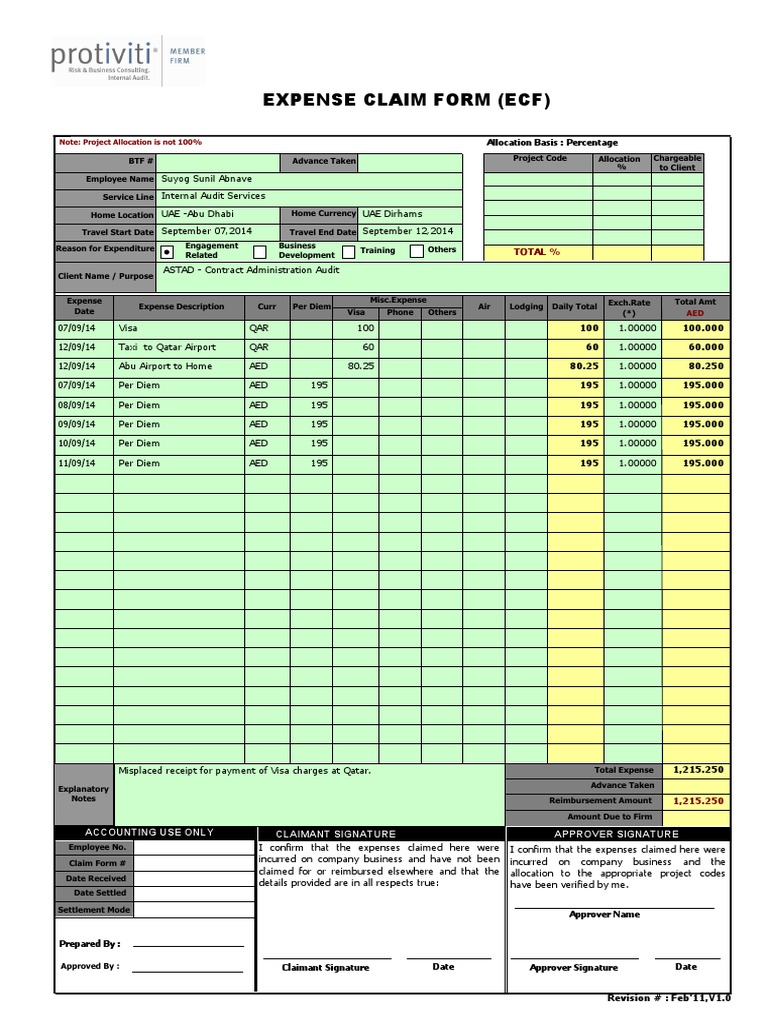 Expense Claim Form (Ecf) : Allocation Basis: Percentage | PDF