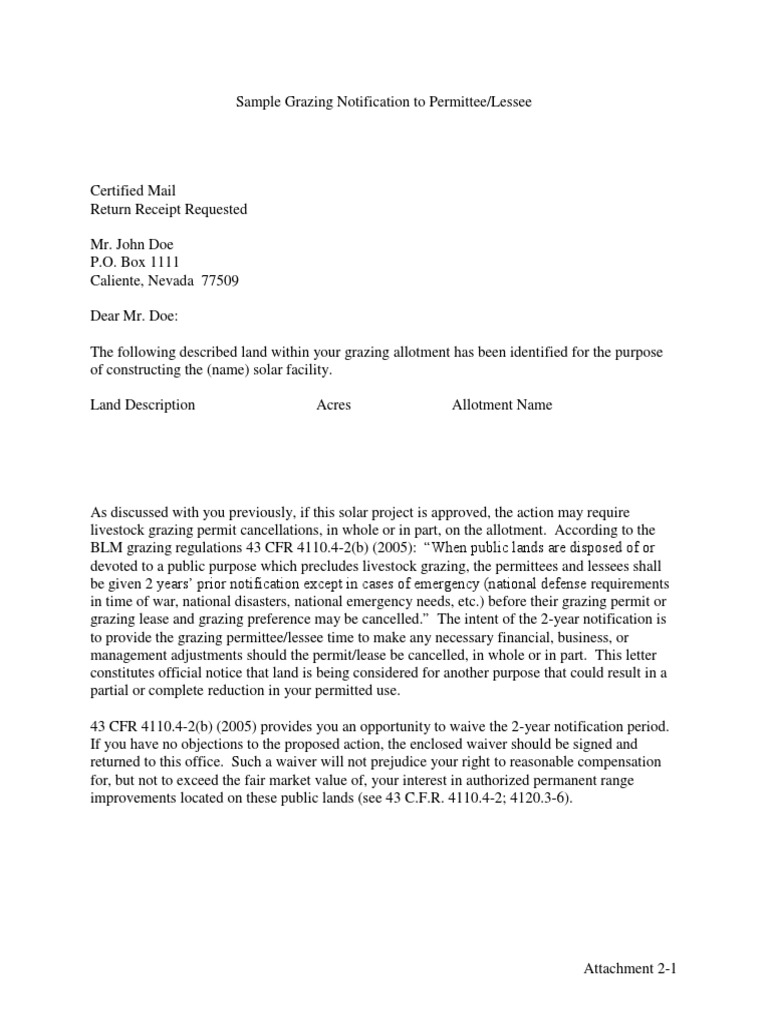 Grazing Sample Letter PDF | PDF | Bureau Of Land Management | Lease