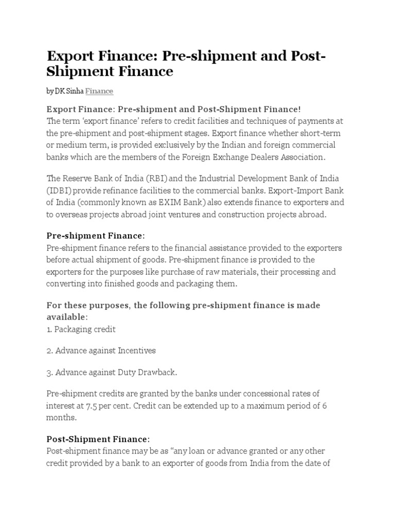 Pre and Post Shipment Finance Overview | PDF | Credit | Finance & Money ...