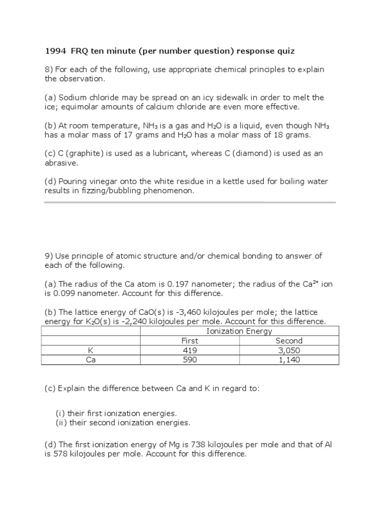 1994 AP Chemistry FRQ Overview | PDF | Teaching Methods & Materials ...