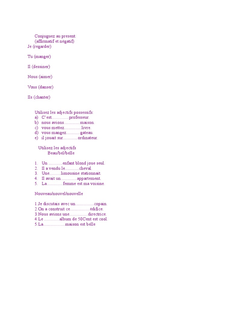 Fiche de Travail Vi Adjectifs Et Present | PDF