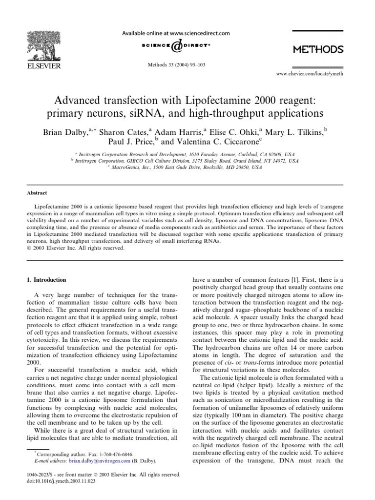 Advanced Transfection With Lipofectamine 2000 Reagent | PDF | Rna ...