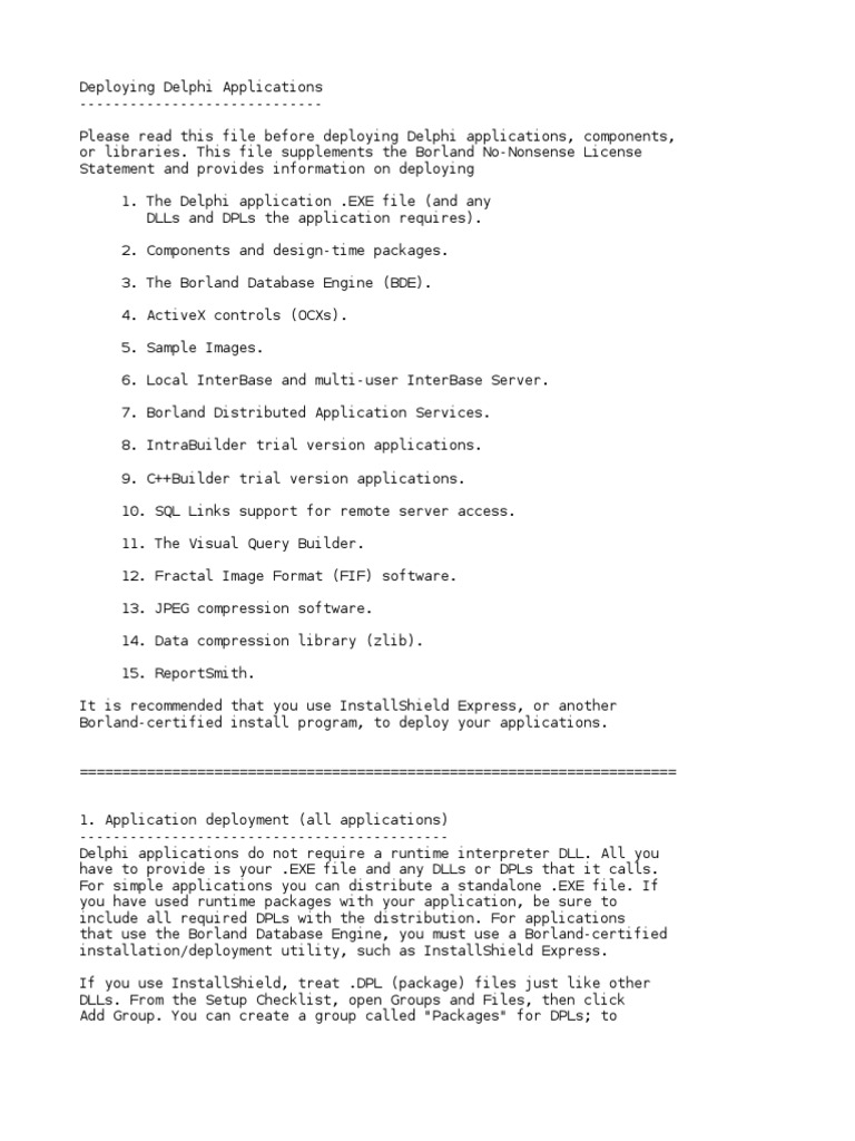 Deploying Delphi Applications Please Read This File Pdf Oracle Database Application Software