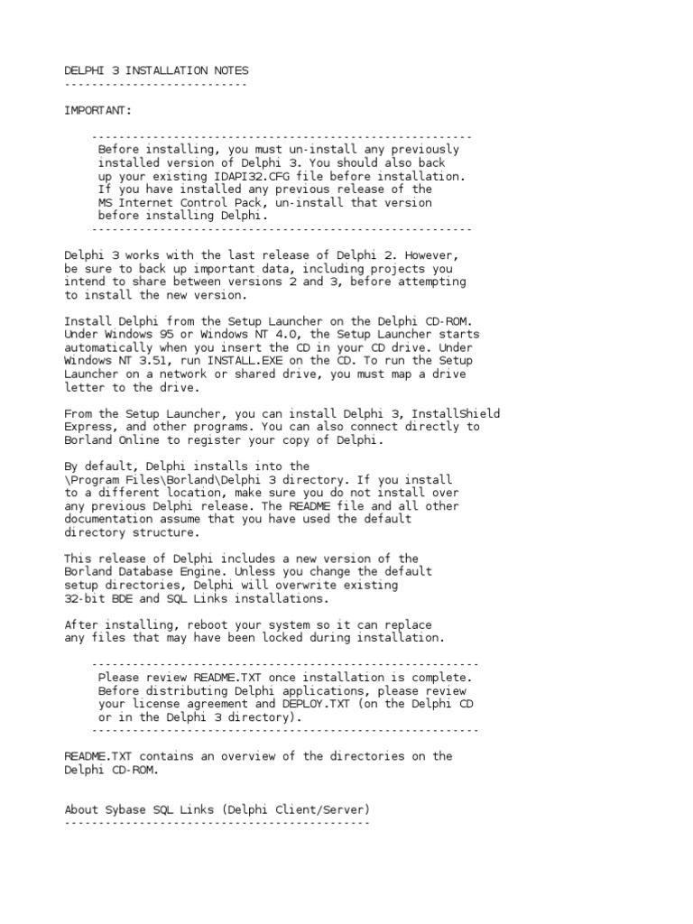 Delphi 3 Installation Notes Important Before Installing Pdf