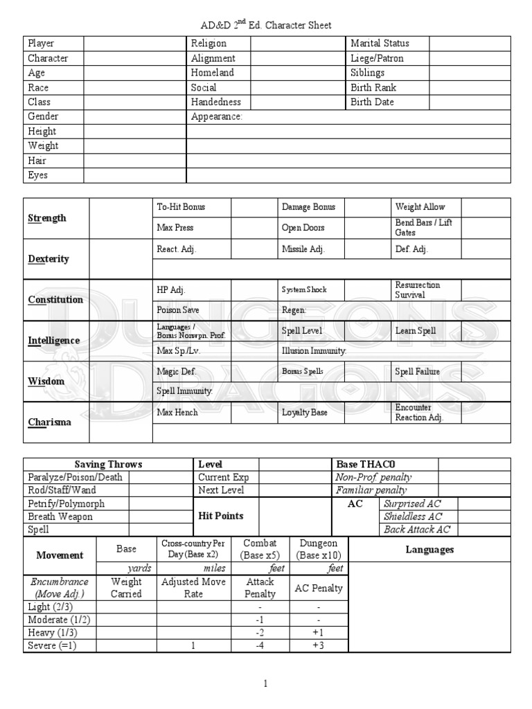 AD&D 2nd Edition Character Sheet | PDF | Language Arts & Discipline
