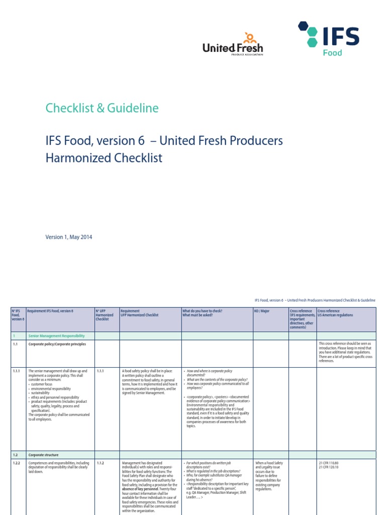 IFS Food UFP Harmonized Checklist JUNE2014 2 | PDF | Hazard Analysis ...