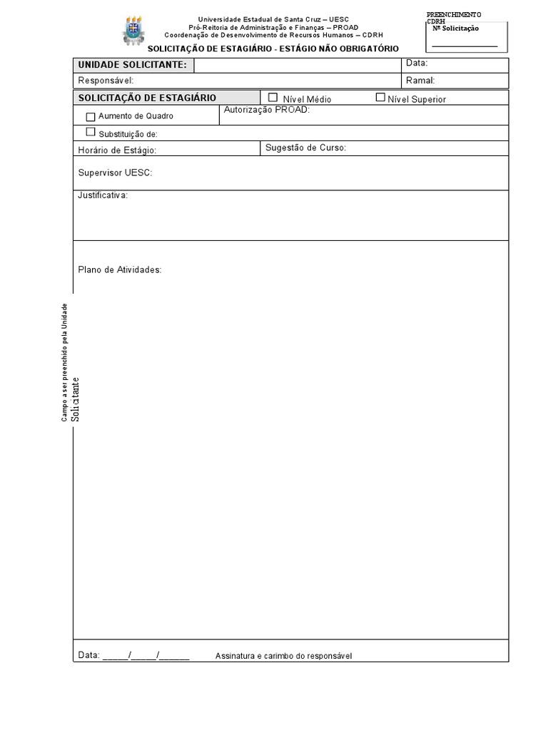 Formulário de Solicitação de Estagiário | Universidades e Faculdades ...