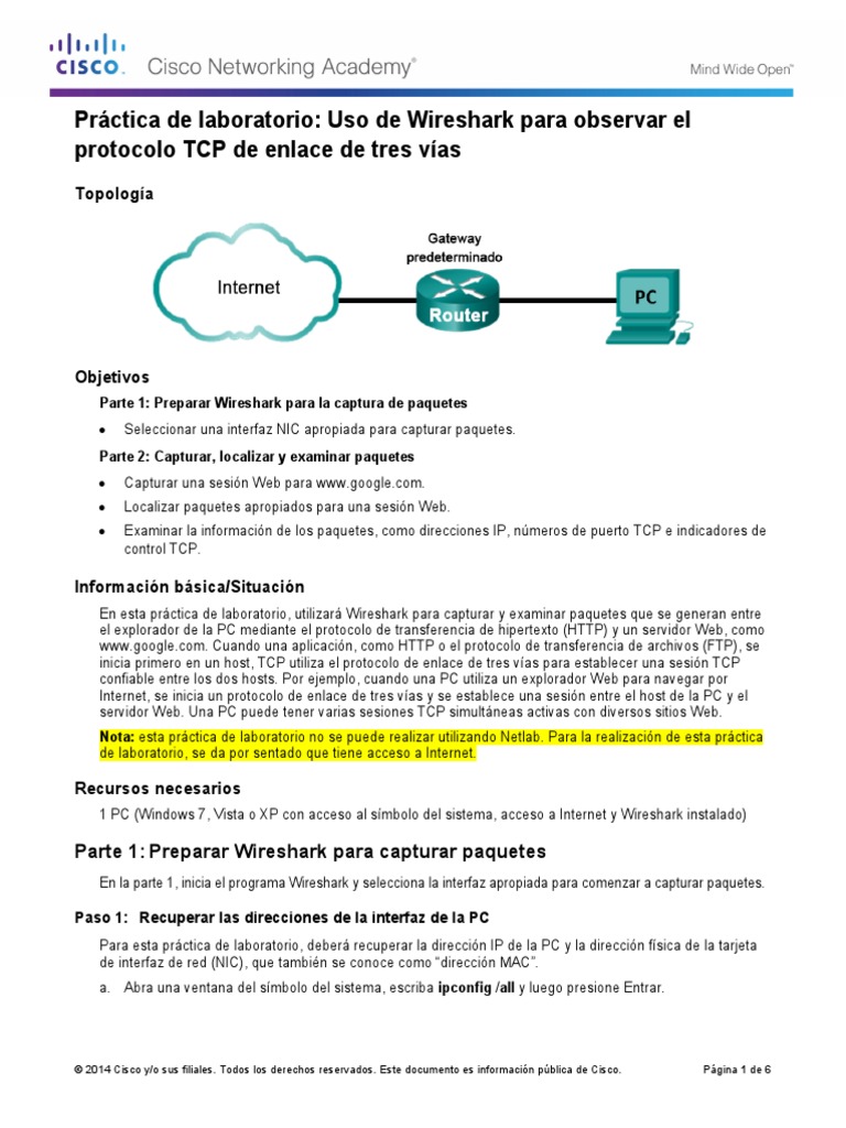 7.2.1.8 Lab - Using Wireshark To Observe The TCP 3-Way Handshake | PDF | Informática