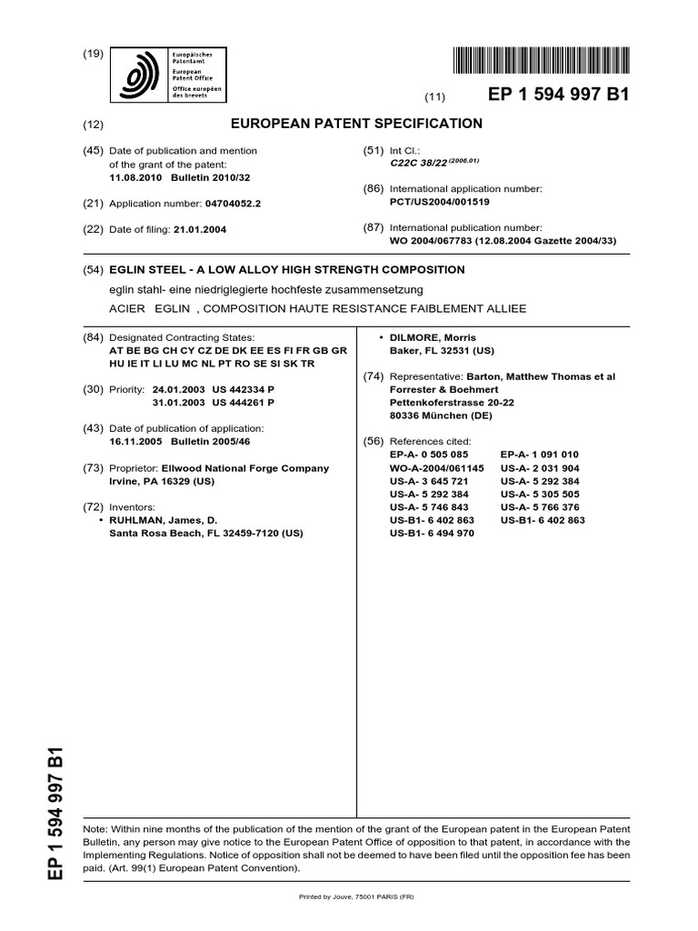 European Patent Specification: Steel - A Low Alloy High Strength ...