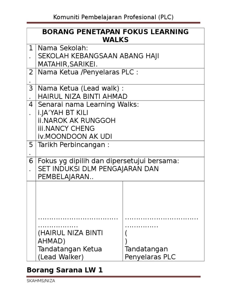 Borang Penetapan Fokus Learning Walks 2014 Cikgu Niza | PDF