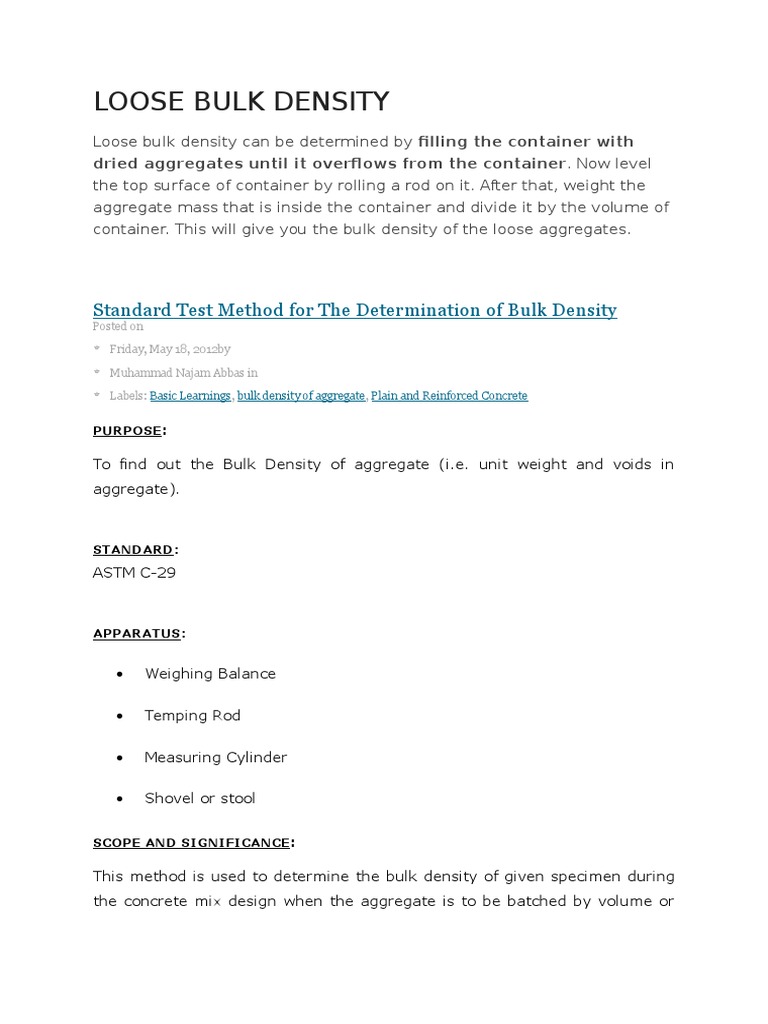 Loose Bulk Density | Density | Mass
