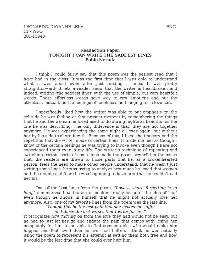 Tonight I Can Write The Saddest Lines - Reaction Paper | PDF