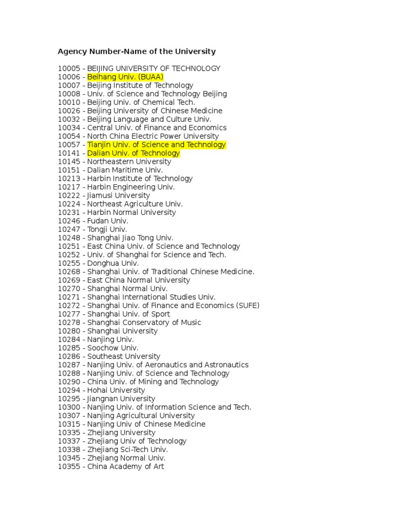 Agency Numbers or Chinese Universities | PDF | Shanghai | China